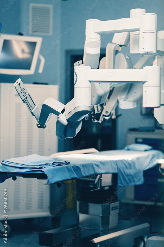Surgical room in hospital with robotic technology equipment, machine ...