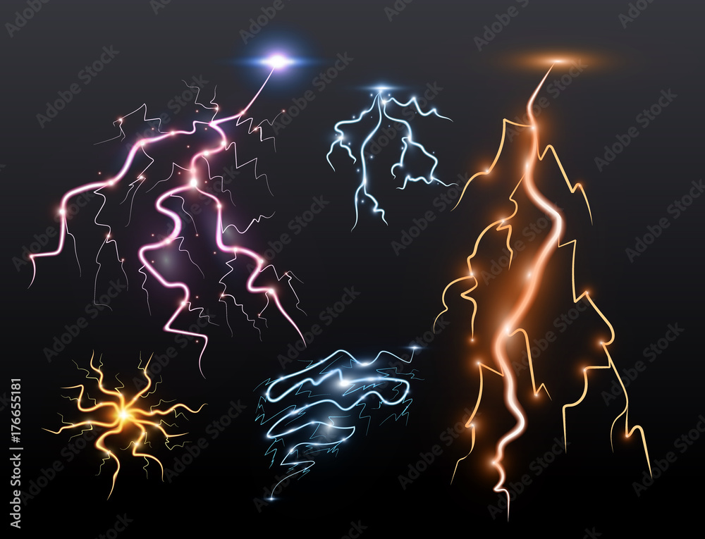 Lightning bolt storm strike realistic 3d light thunder-storm magic and ...