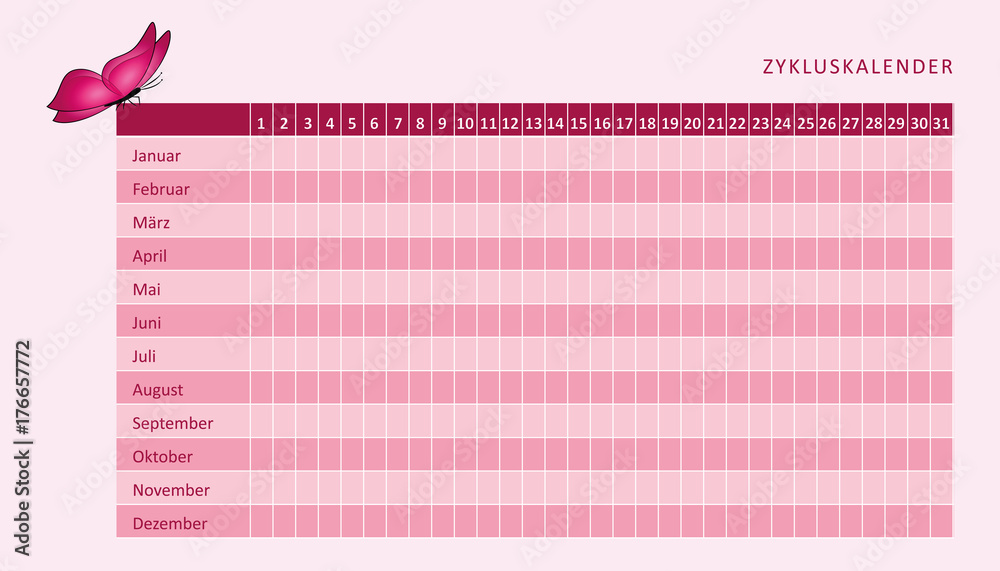 zykluskalender rosa mit schmetterling Stock-Vektorgrafik | Adobe Stock