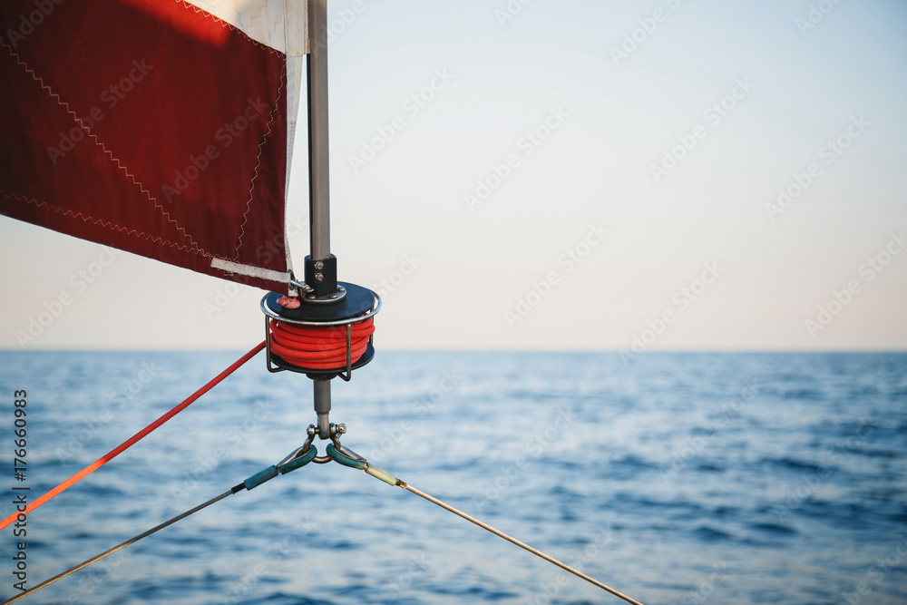 Sailboat winch, sail and nautical rope yacht detail. Yachting, marine ...