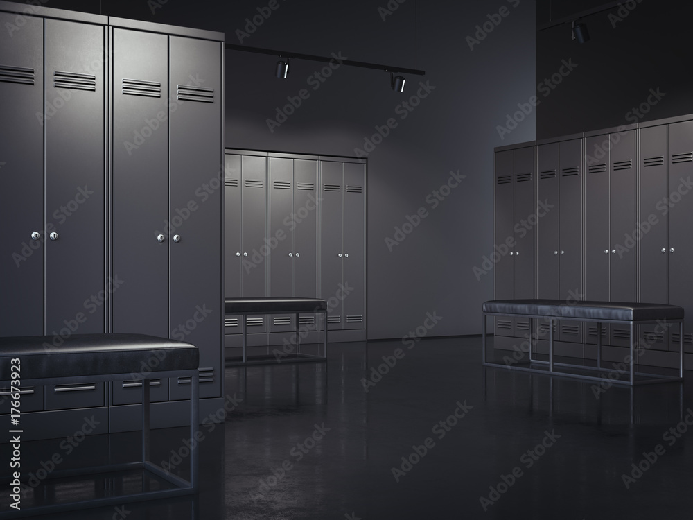 Stylish black locker room. 3d rendering Stock Illustration | Adobe Stock