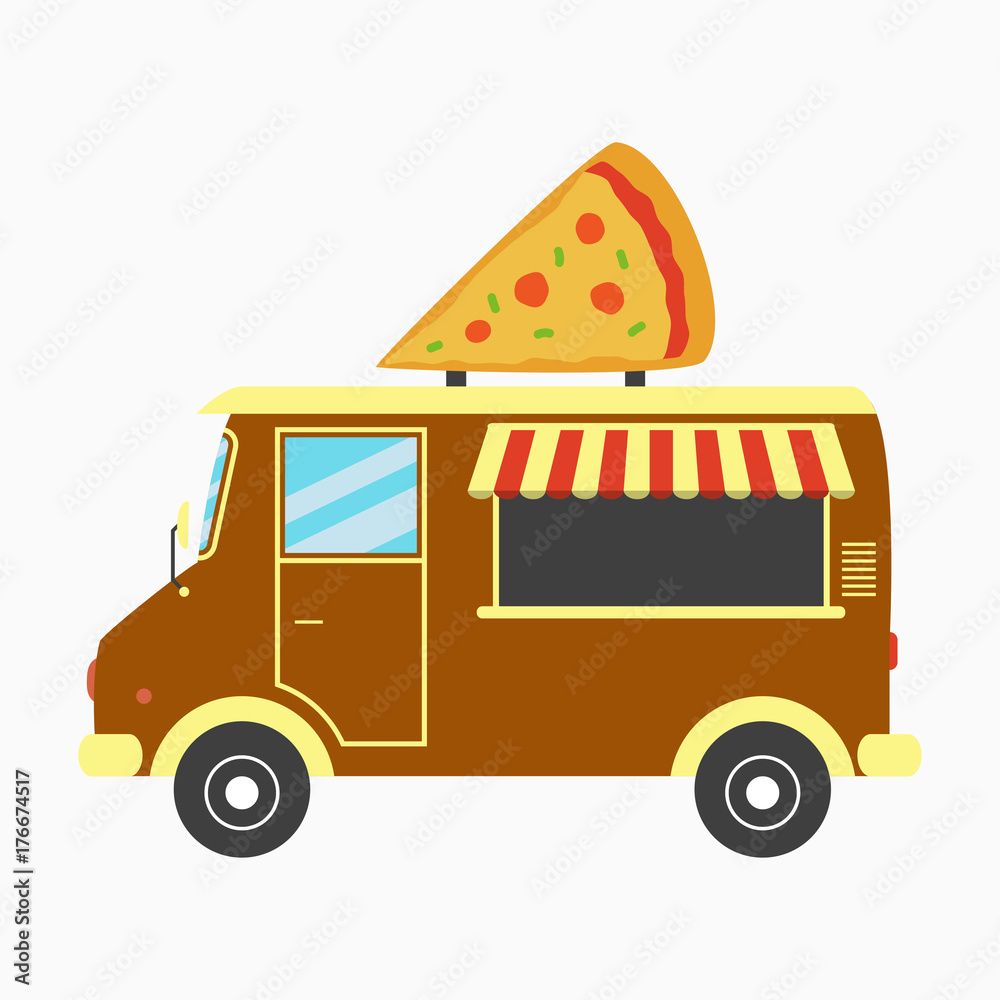 Pizza truck. Fast pizzeria van with signboard in form of pizza slice ...