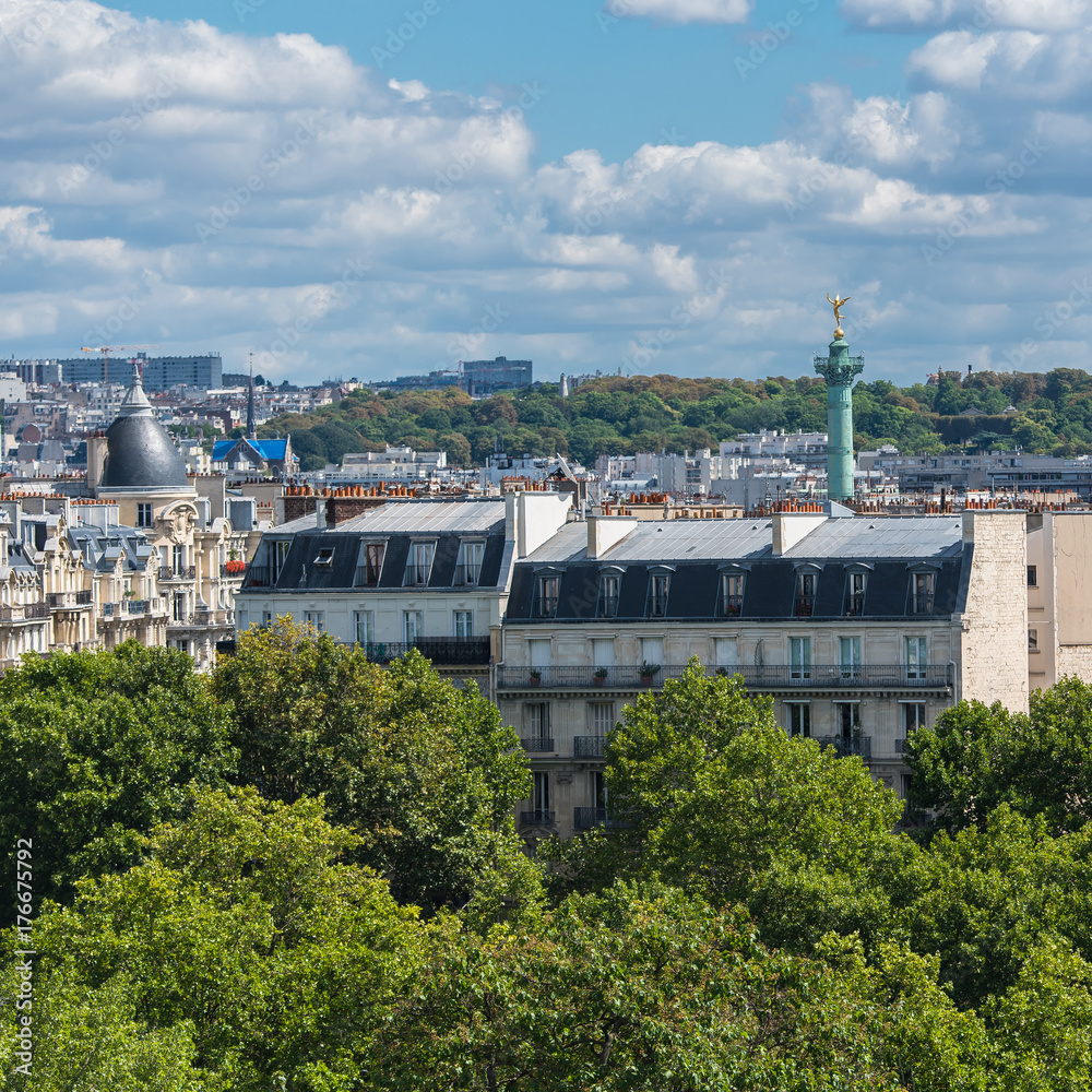 Paris, view of ile Saint-Louis, the Bastille statue and towers in ...