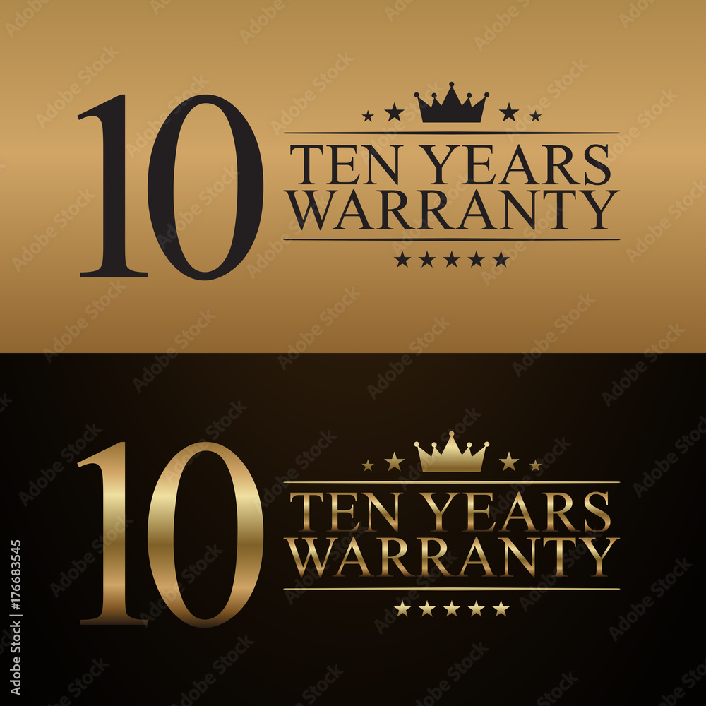 10 Years Warranty background with crown and star on gold and black ...