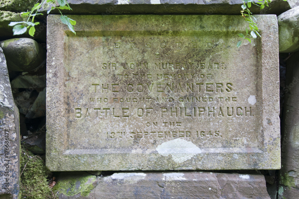 Plaque set in cairn commemorating the Battle of Philiphaugh ...