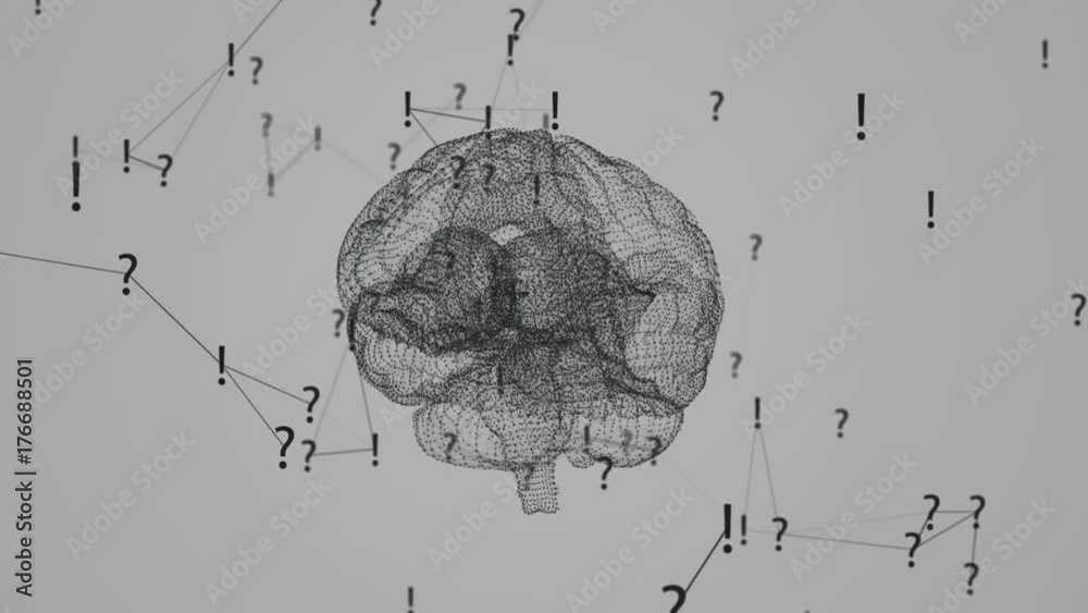 The human brain. Plexus with exclamation marks and question marks ...