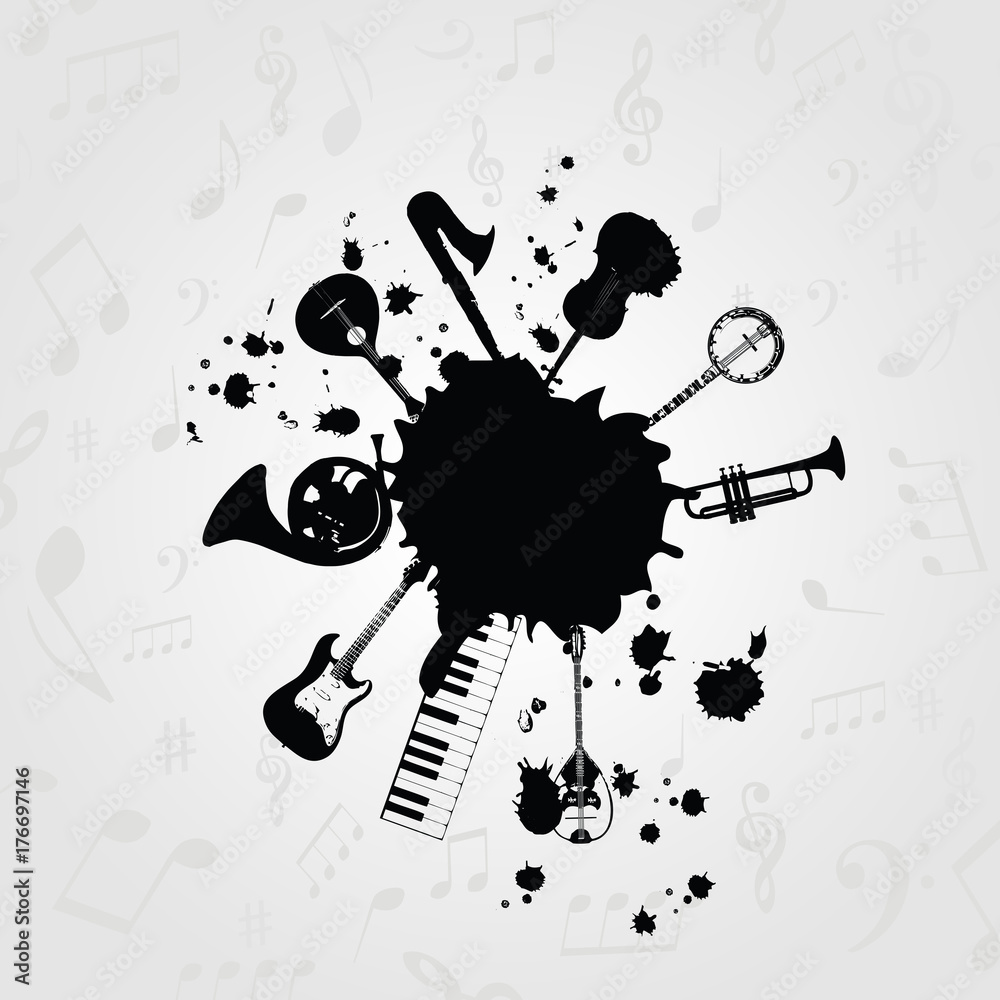 Black and white blot with music instruments. Music instruments design ...
