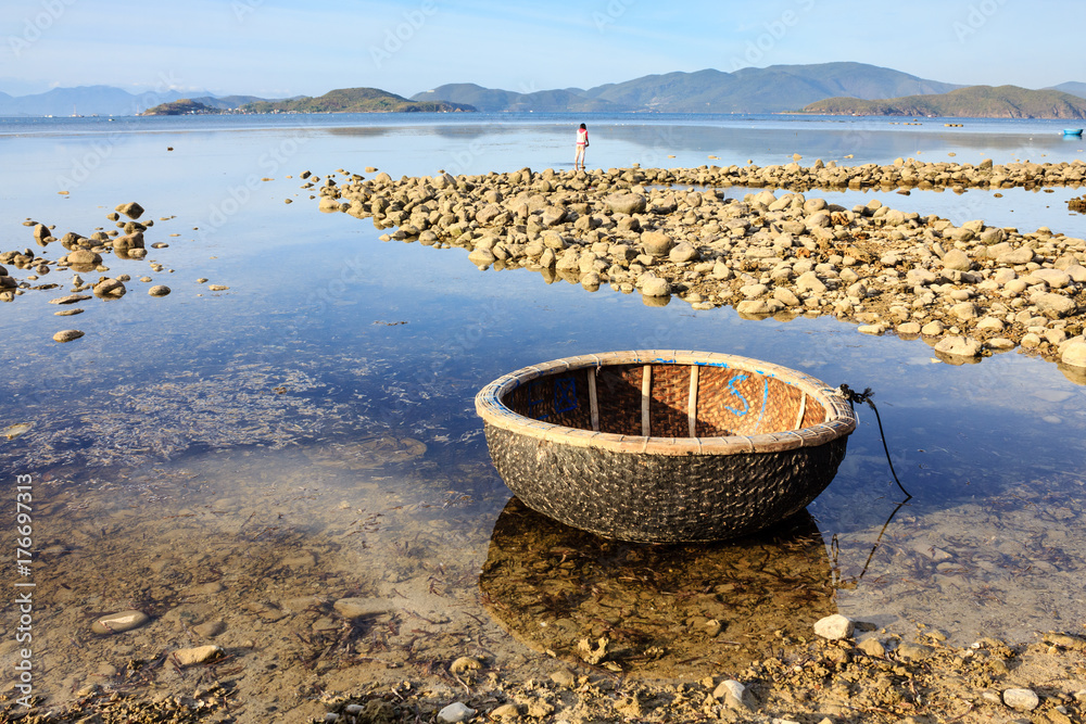 Basket boats at a lagoon on sunset in Song Lo, Phuoc Dong, Nha Trang ...