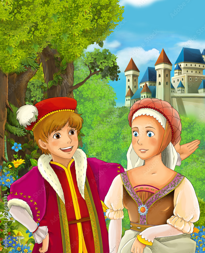 Cartoon scene of beautiful pair prince and princess in the forest near ...