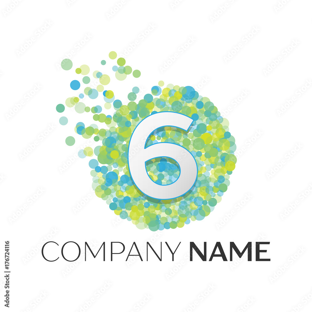 Realistic Number six logo with blue, green, yellow particles and bubble ...