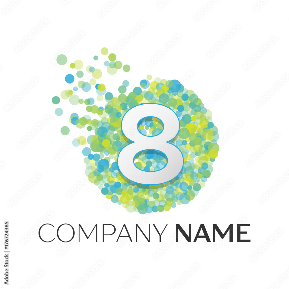 Realistic Number eight logo with blue, green, yellow particles and ...
