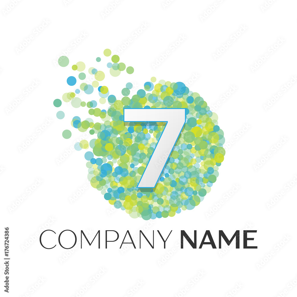 Realistic Number seven logo with blue, green, yellow particles and ...