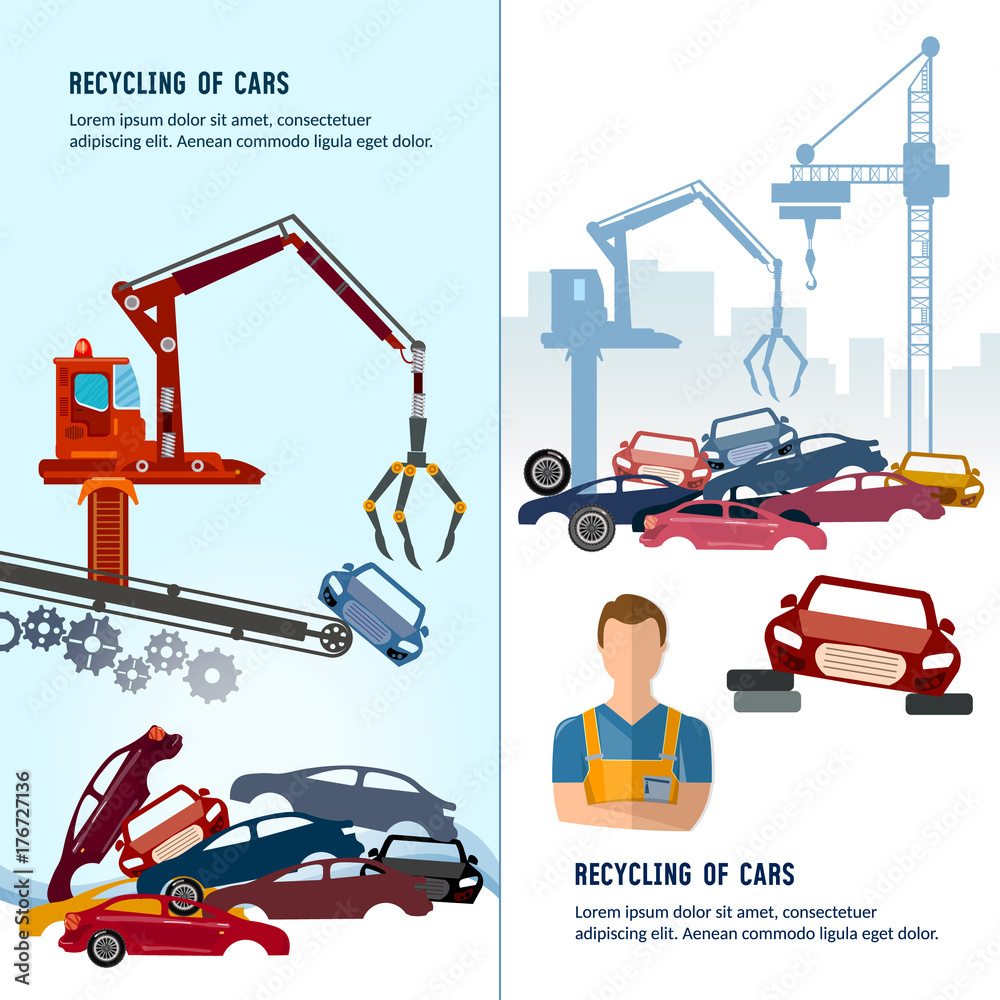Car scrap metal dump vector. Car recycling banner. Industrial crane ...