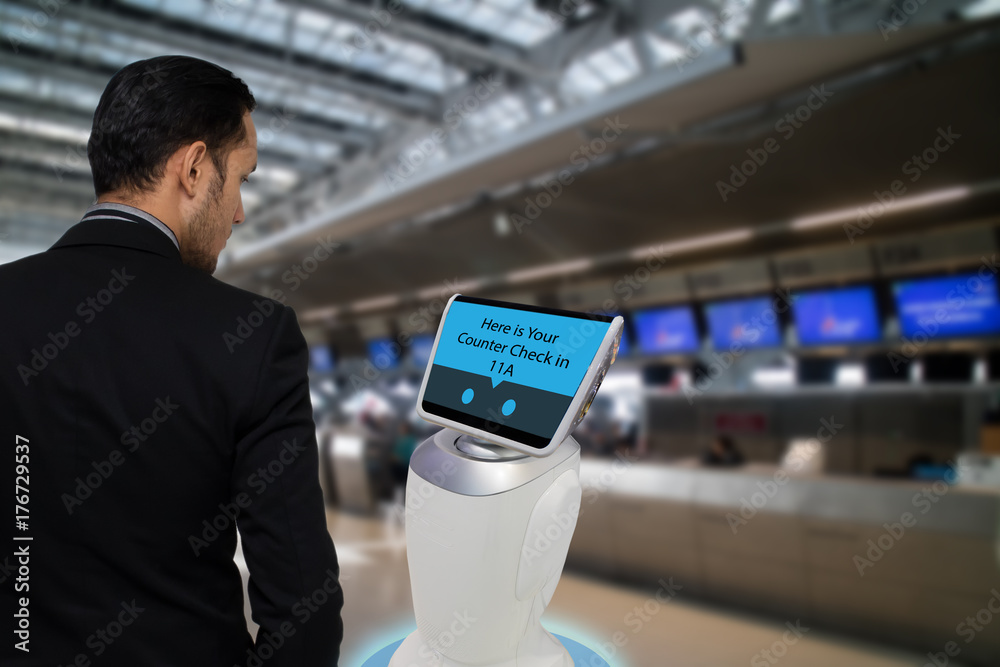 Smart robotic technology concept, The passenger follow a service robot ...
