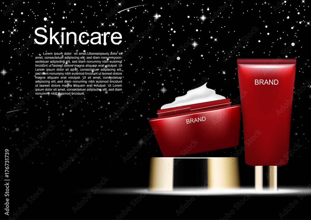 Cosmetic ads template, red cosmetic set with starry night background ...