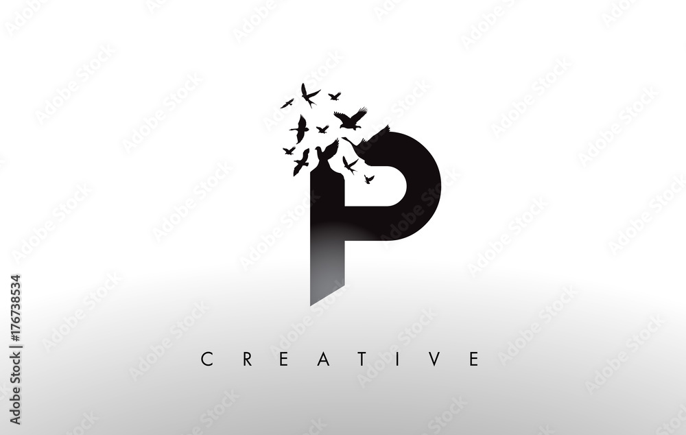P Logo Letter with Flock of Birds Flying and Disintegrating from the ...