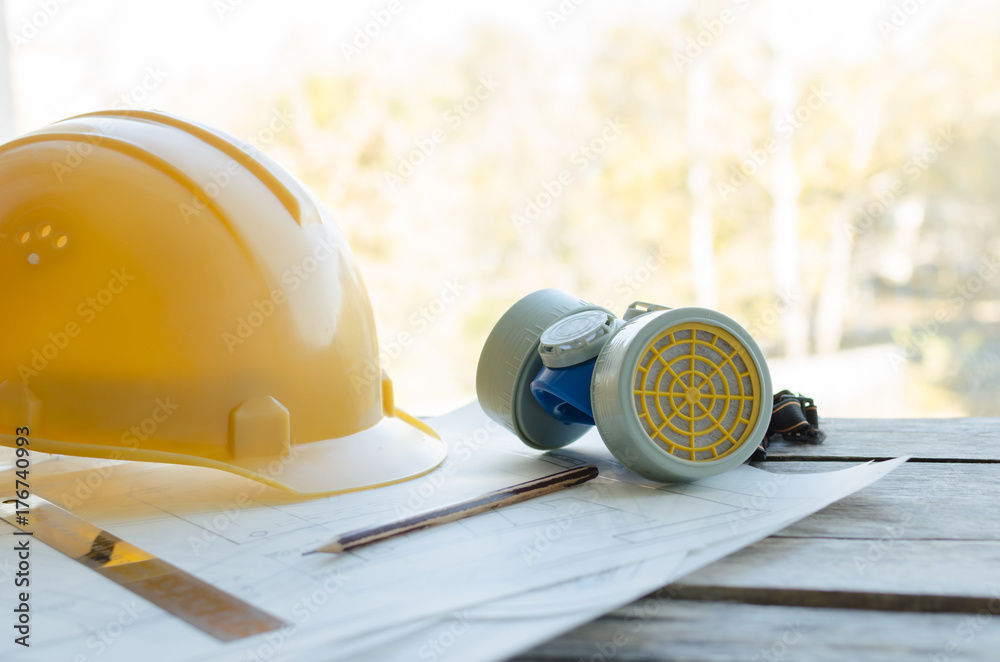 Engineering workplace, drawings, protective construction helmet and ...