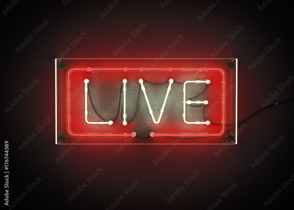 Live sign made from neon alphabet on a black background. 3D ...