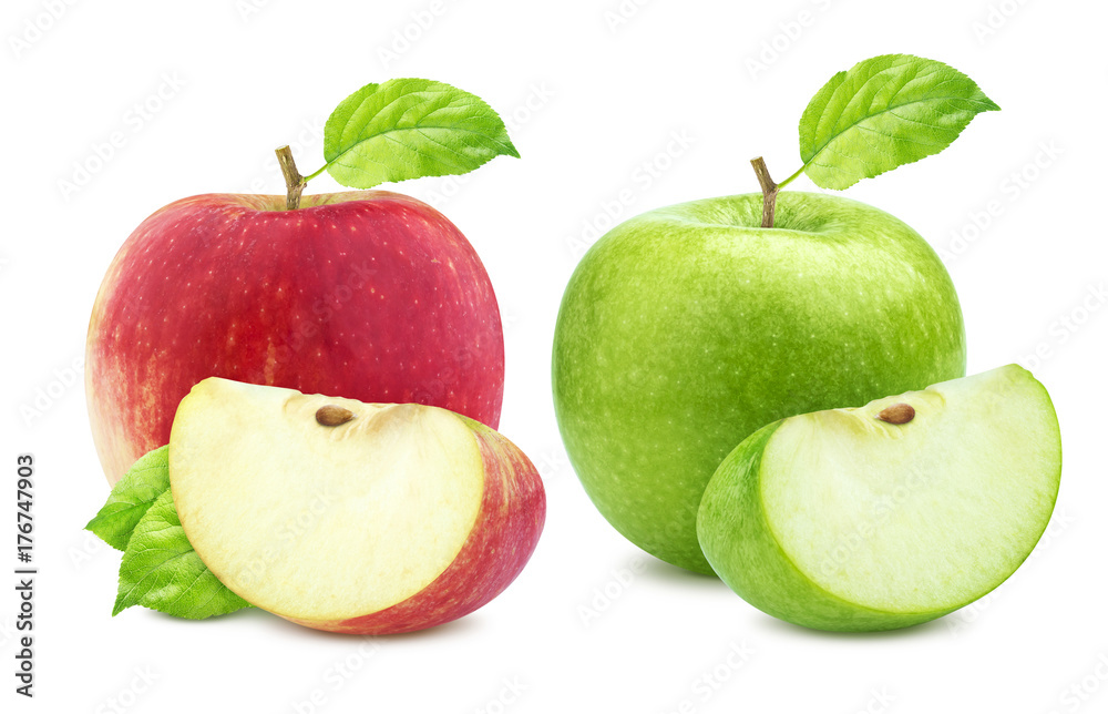 Apple collection. One green and single red apples and quarter piece ...