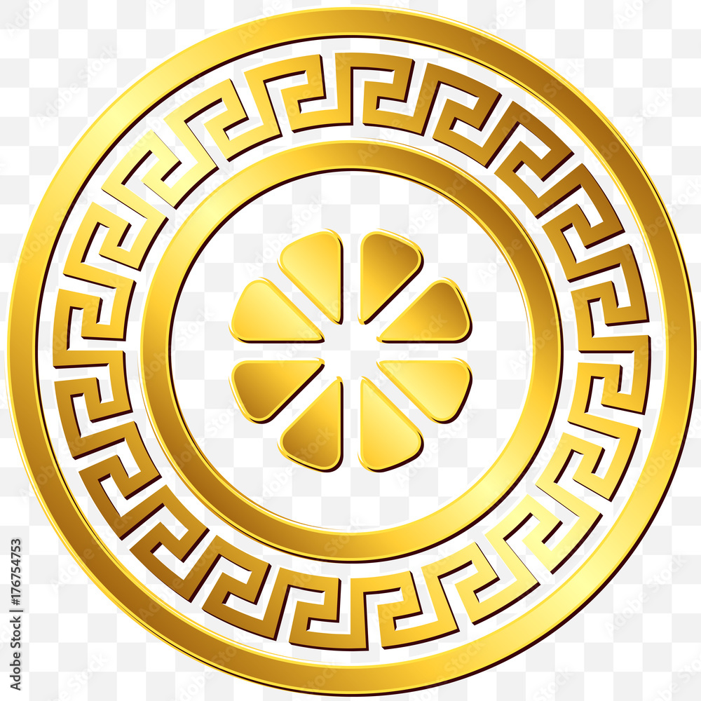 Traditional vintage Golden round Greek ornament, Meander and floral ...