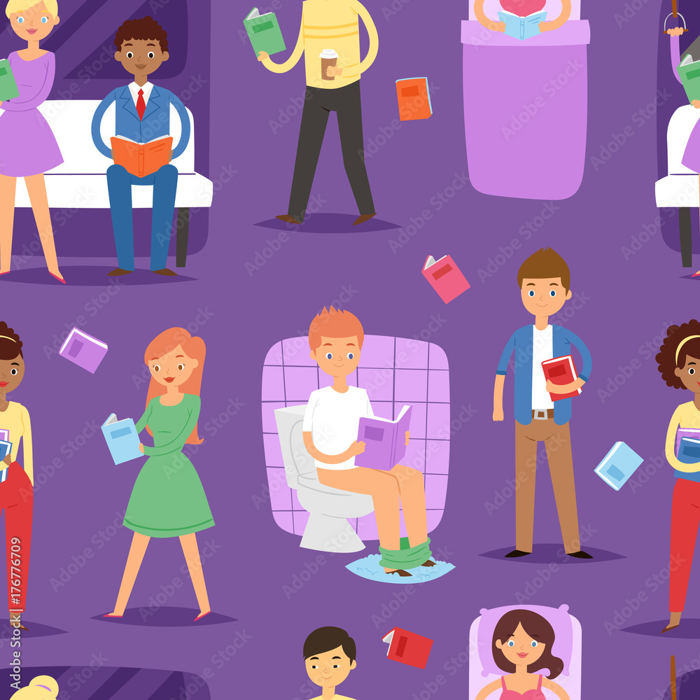 Cartoon people reading books students and adult characters education ...