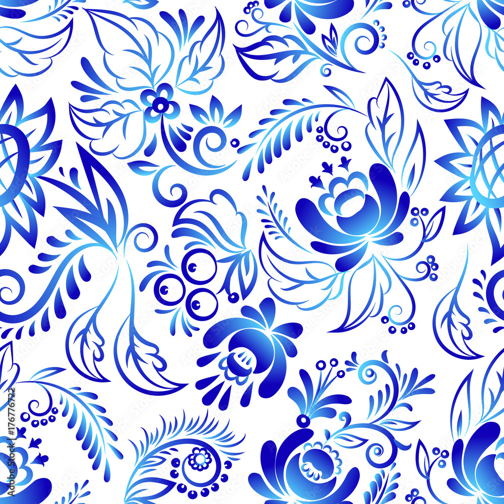 Russian ornaments art style gzhel blue flower traditional folk bloom ...