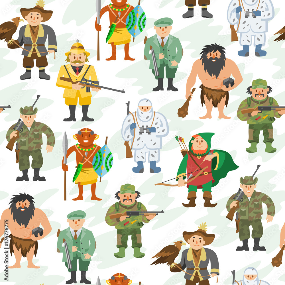 Hunters vector illustration cartoon style different gear huntsman ...