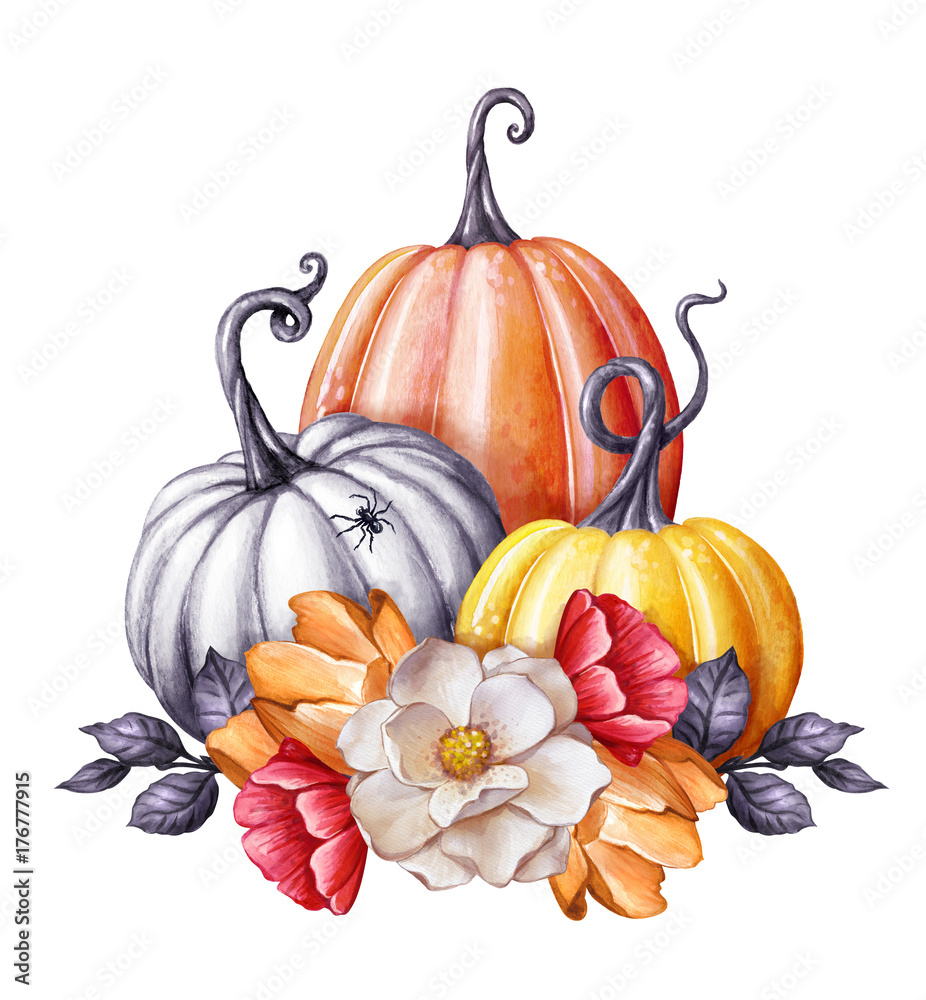 watercolor illustration, floral pumpkins, Halloween clip art, autumn ...