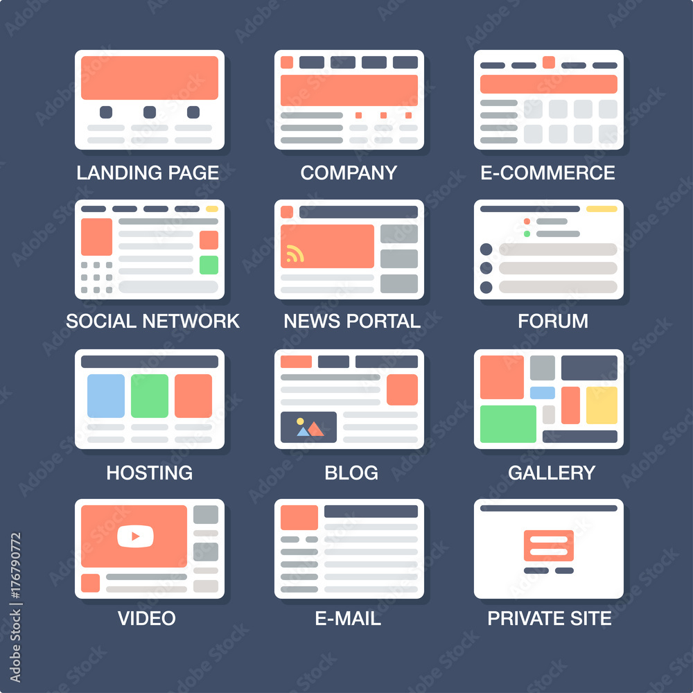 Vector set of simple flat website templates icons. 12 types of sites ...