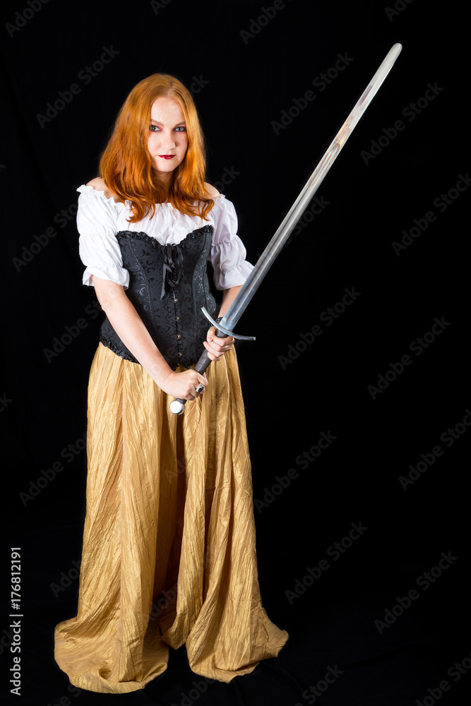 woman with two-handed sword wearing white blouse, gold long skirt and ...