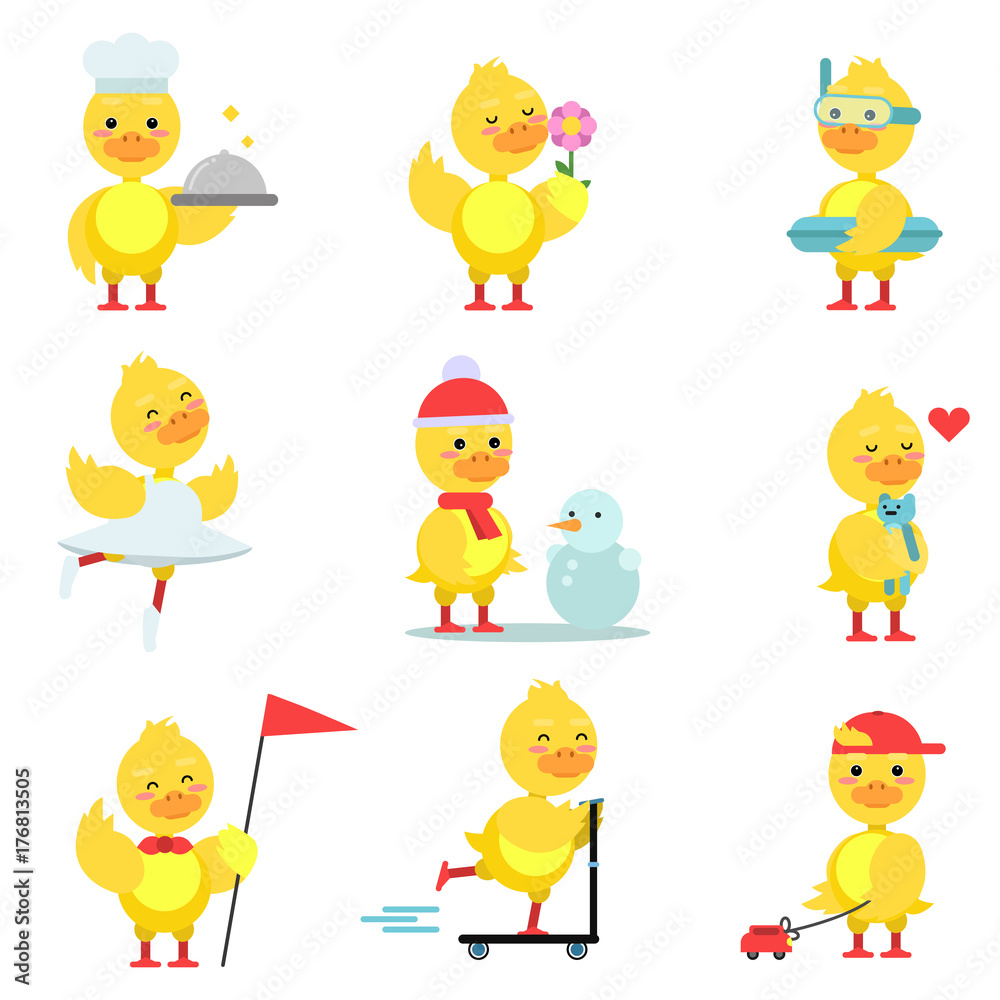 Funny duckling characters set, cute yellow duck in different poses and ...