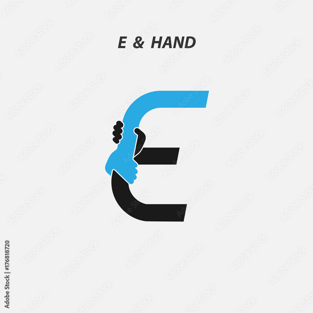 E - Letter abstract icon & hands logo design vector template.Italic ...