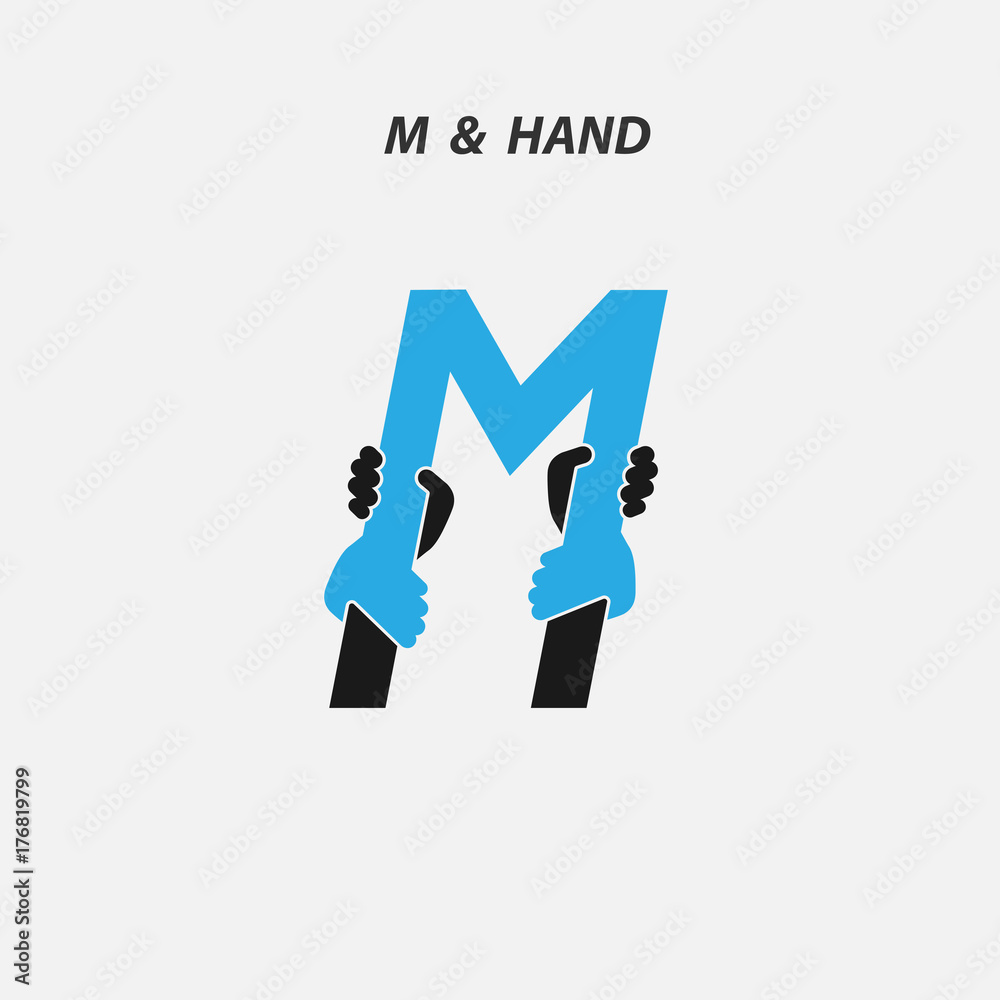 M - Letter abstract icon & hands logo design vector template.Italic ...