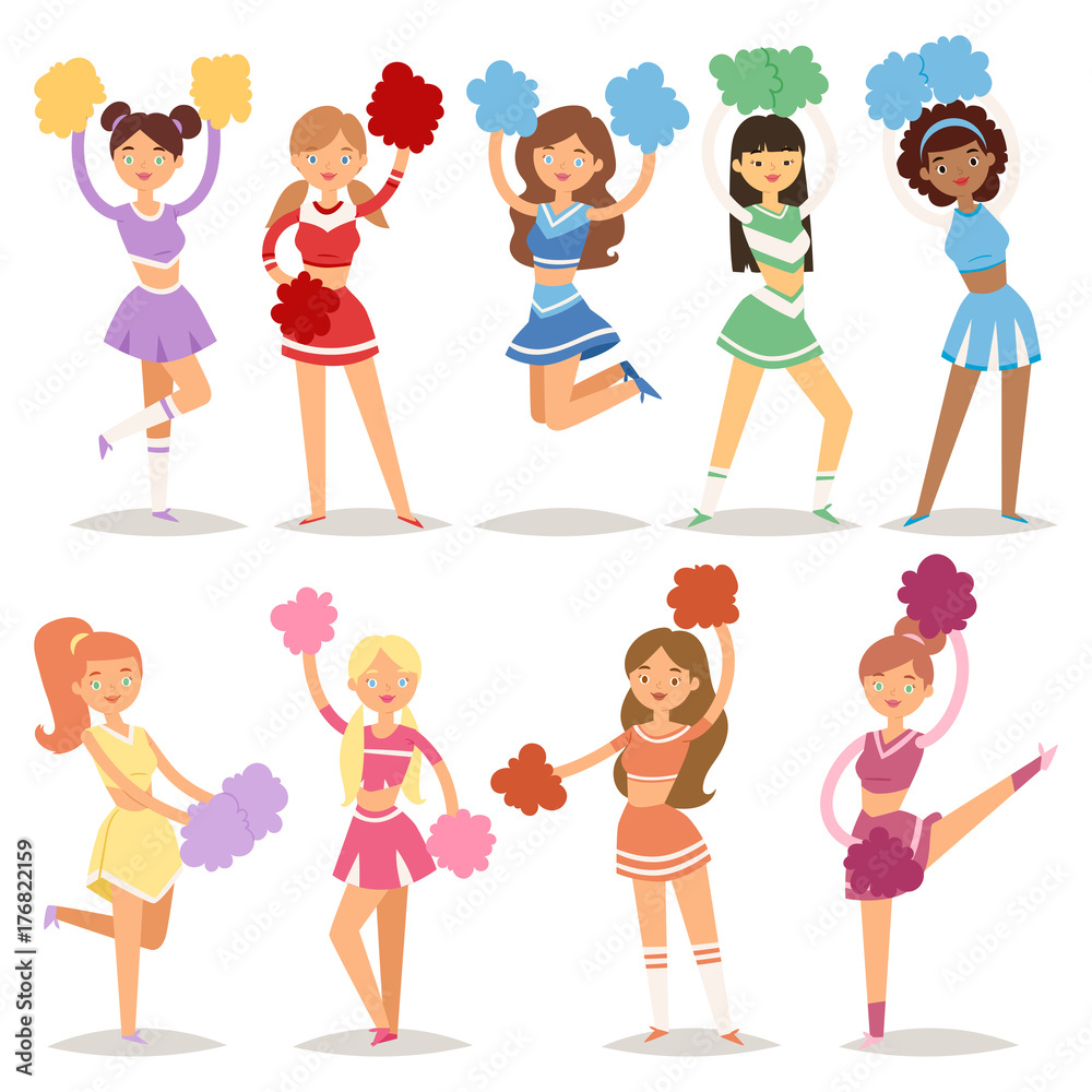 Cartoon cheerleaders girls sport fan dancing cheerleading woman team ...