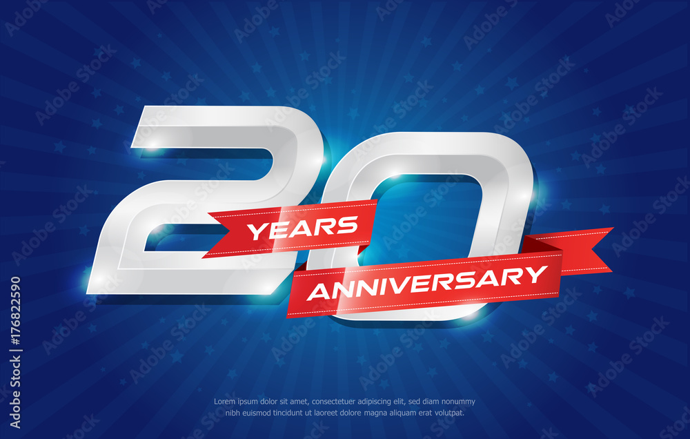 20 years anniversary background with red ribbon and star on blue ...