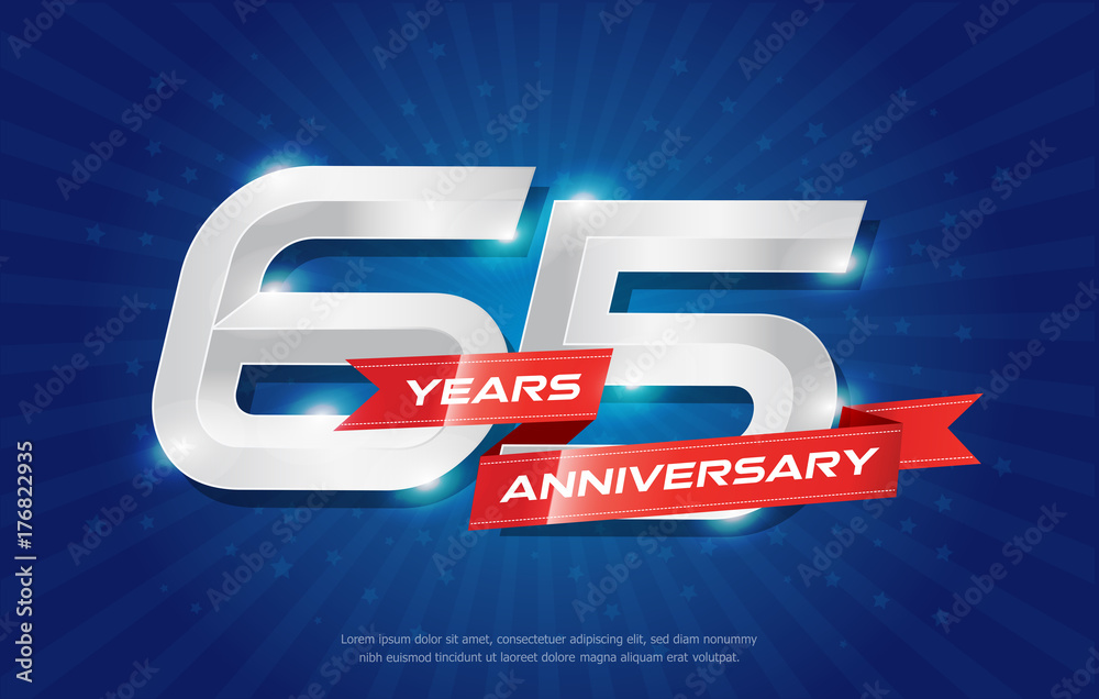 65 years anniversary background with red ribbon and star on blue ...
