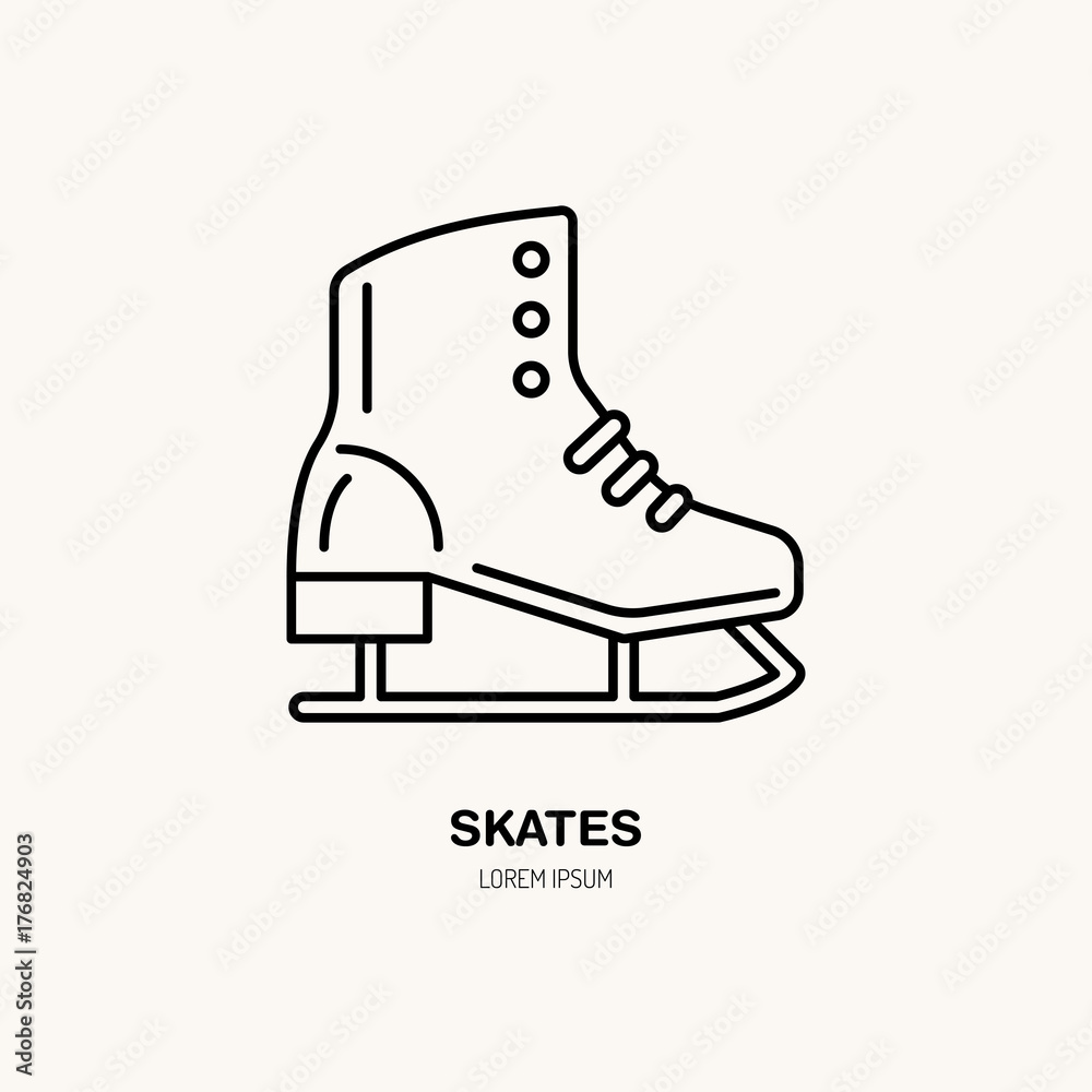 Vector thin line icon of skates. Winter recreation equipment rent logo ...