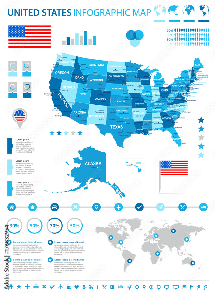 United States - infographic map and flag - illustration Stock Vector ...