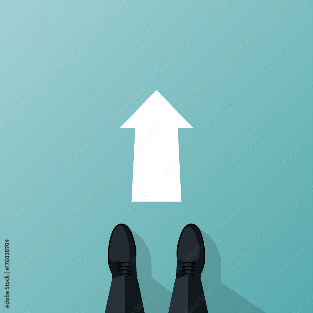 Go ahead concept. Businessman stands on asphalt before arrow pointing ...