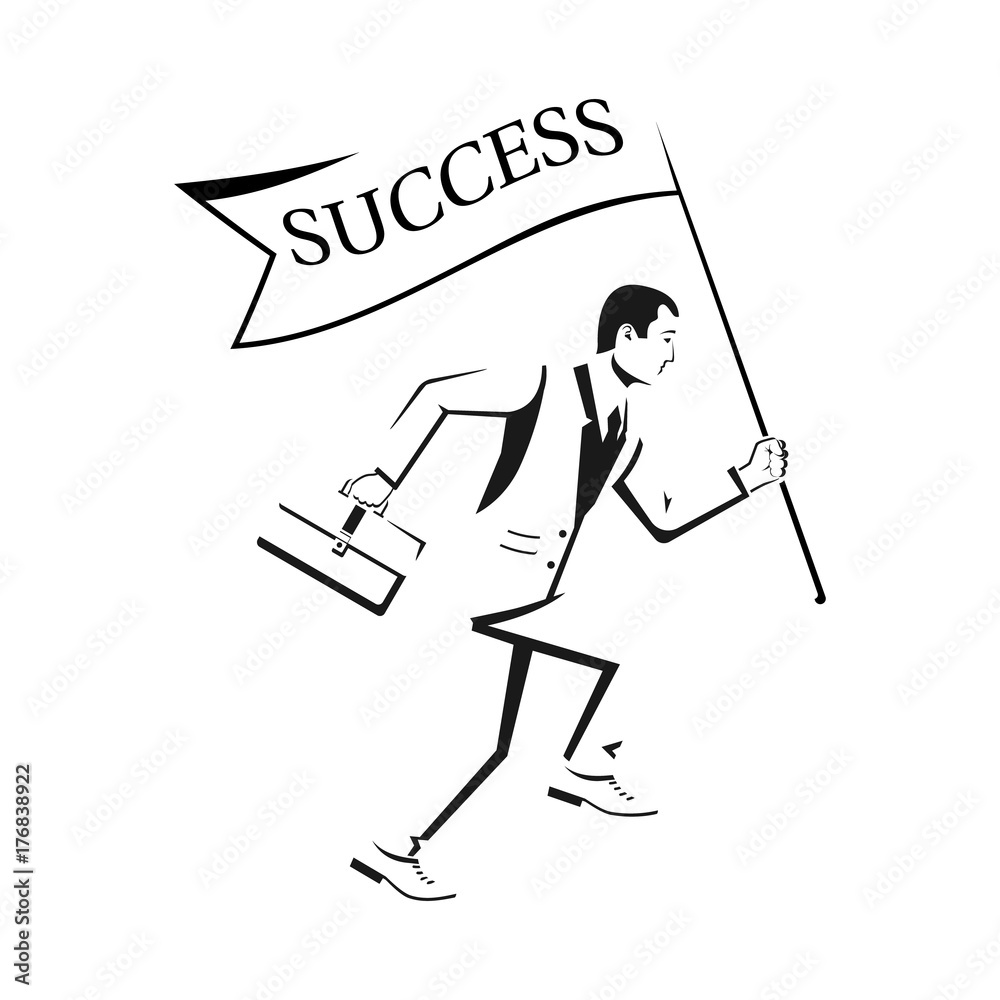 Sketch of human running with flag Success. Holding in hand flag ...