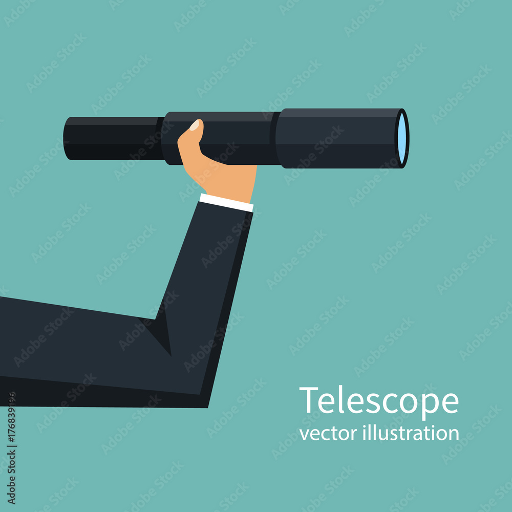 Telescope in hand. Man hold in hand spyglass. Vector illustration flat ...