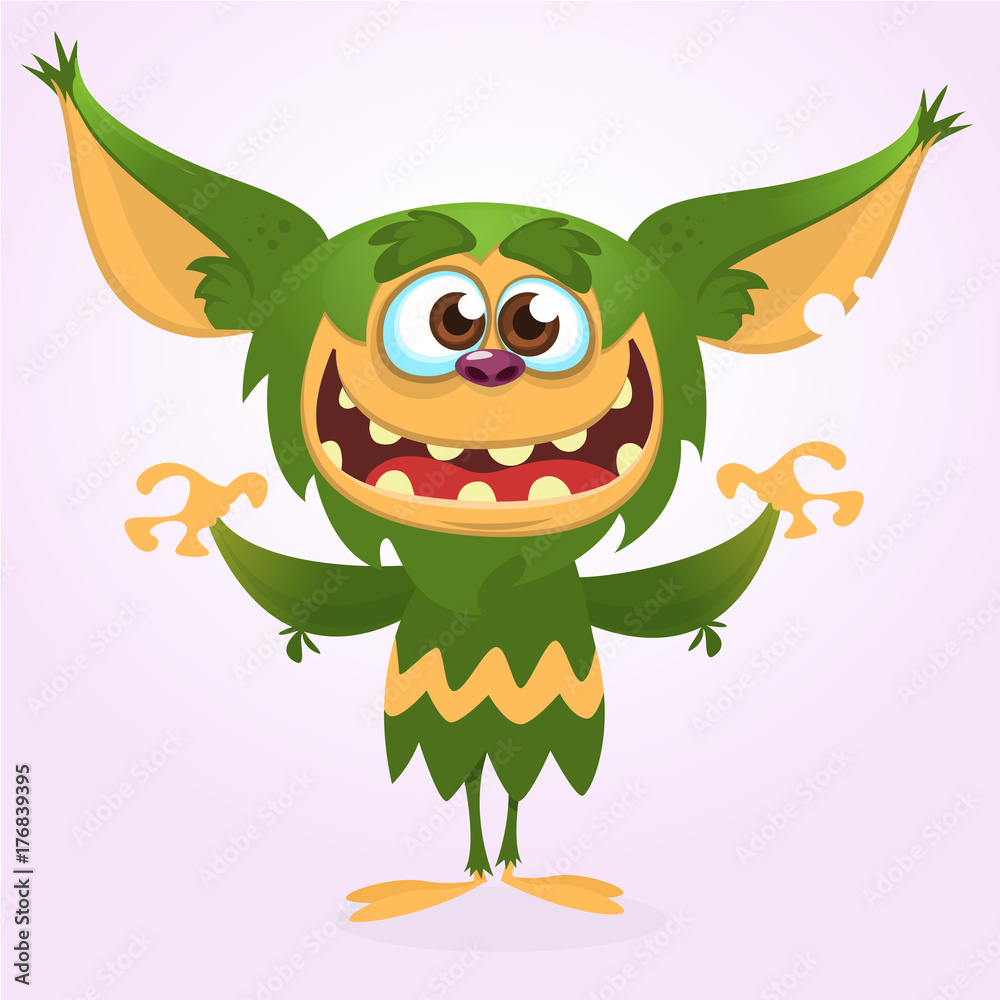 Cartoon laughing green monster. Vector illustration of green monster ...
