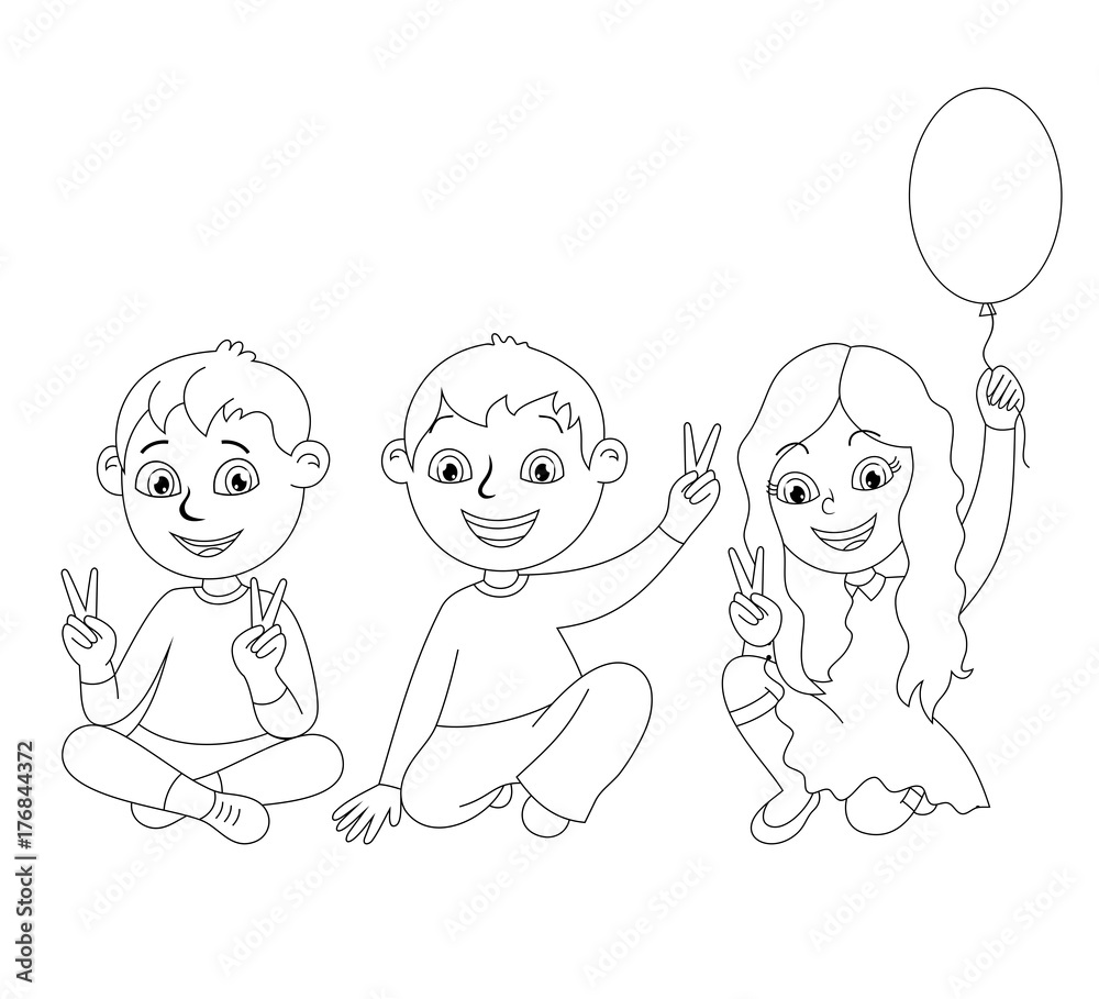 Three happy children, best friends. Black and white outline Stock ...