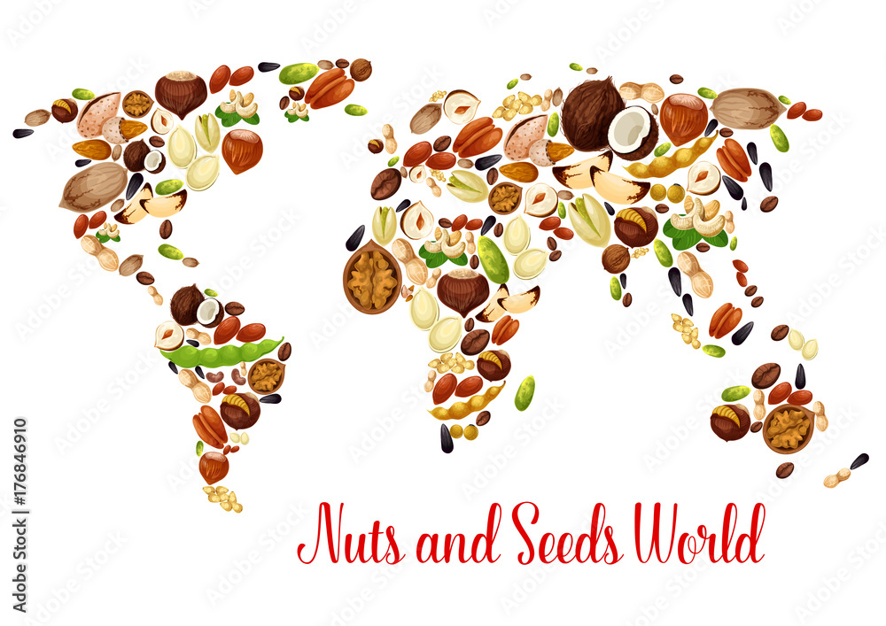 World map of nuts, seed and bean, food design Stock Vector | Adobe Stock