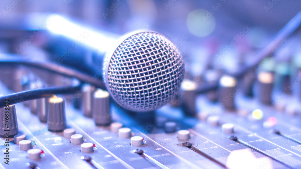 Microphone on the audio mixer in the audio control room. Stock Photo ...