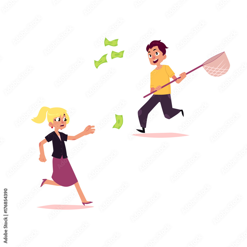 vector flat cartoon girl and boy running for money. Female, male people ...