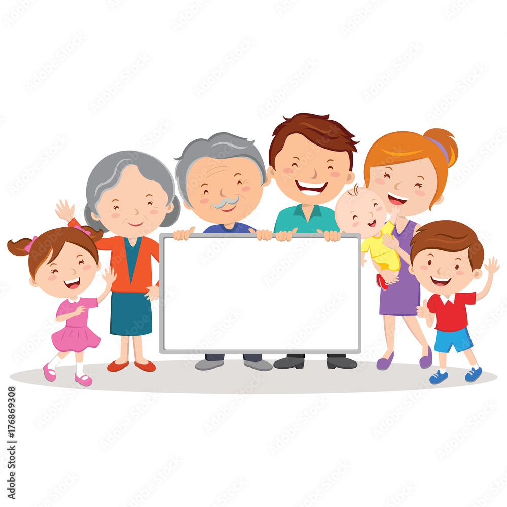 Happy family and whiteboard. Vector illustration of happy extended ...