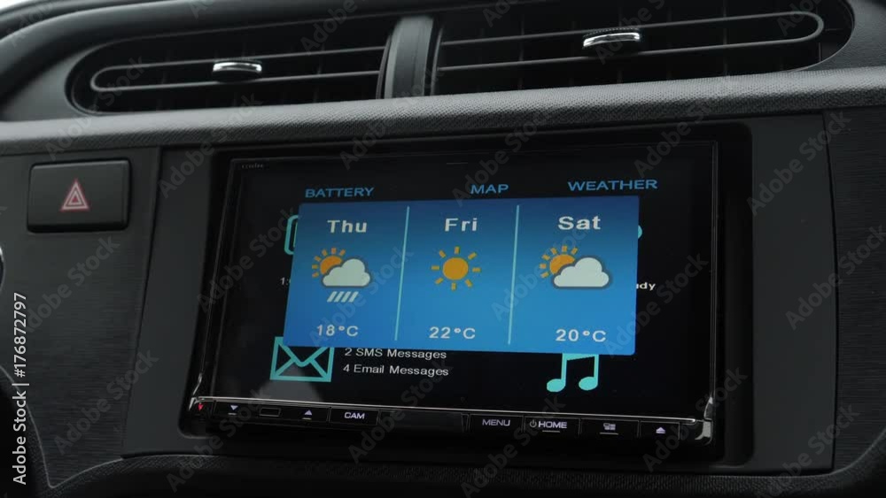 Looking at the weather forecast directly on the screen of a car. Stock ...