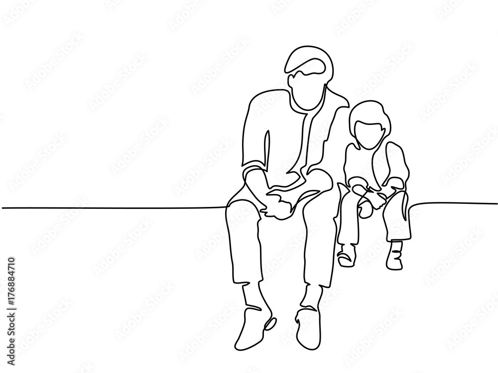 Continuous line drawing. Father and son sitting together. Vector ...