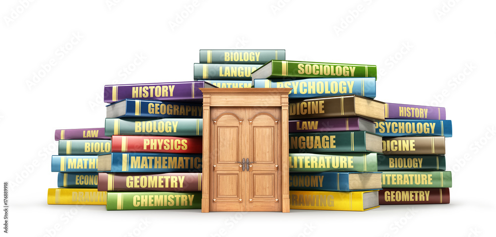 Education concept. Wooden door near stacks of books. Door to study. 3d ...